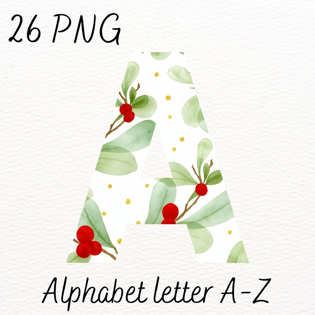 Mistletoe Watercolor Alphabet PNG | Christmas Letters (digital Download ...