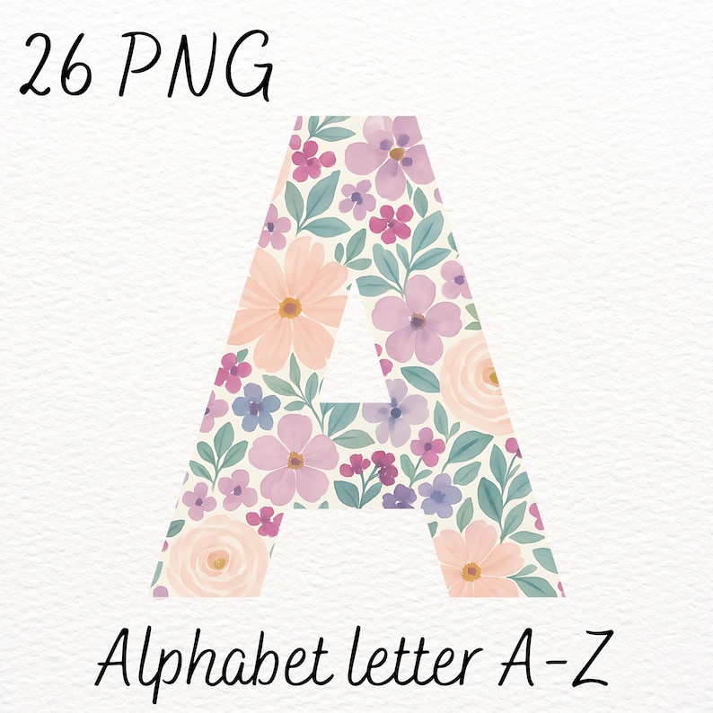 Watercolor Floral Alphabet PNG: Pastel Flower Font (digital Download ...