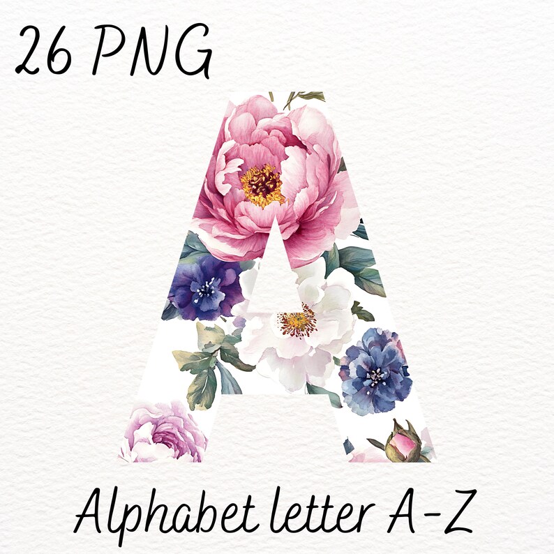 Watercolor Peonies & Wildflower Alphabet PNG | A-Z Letters | Digital ...