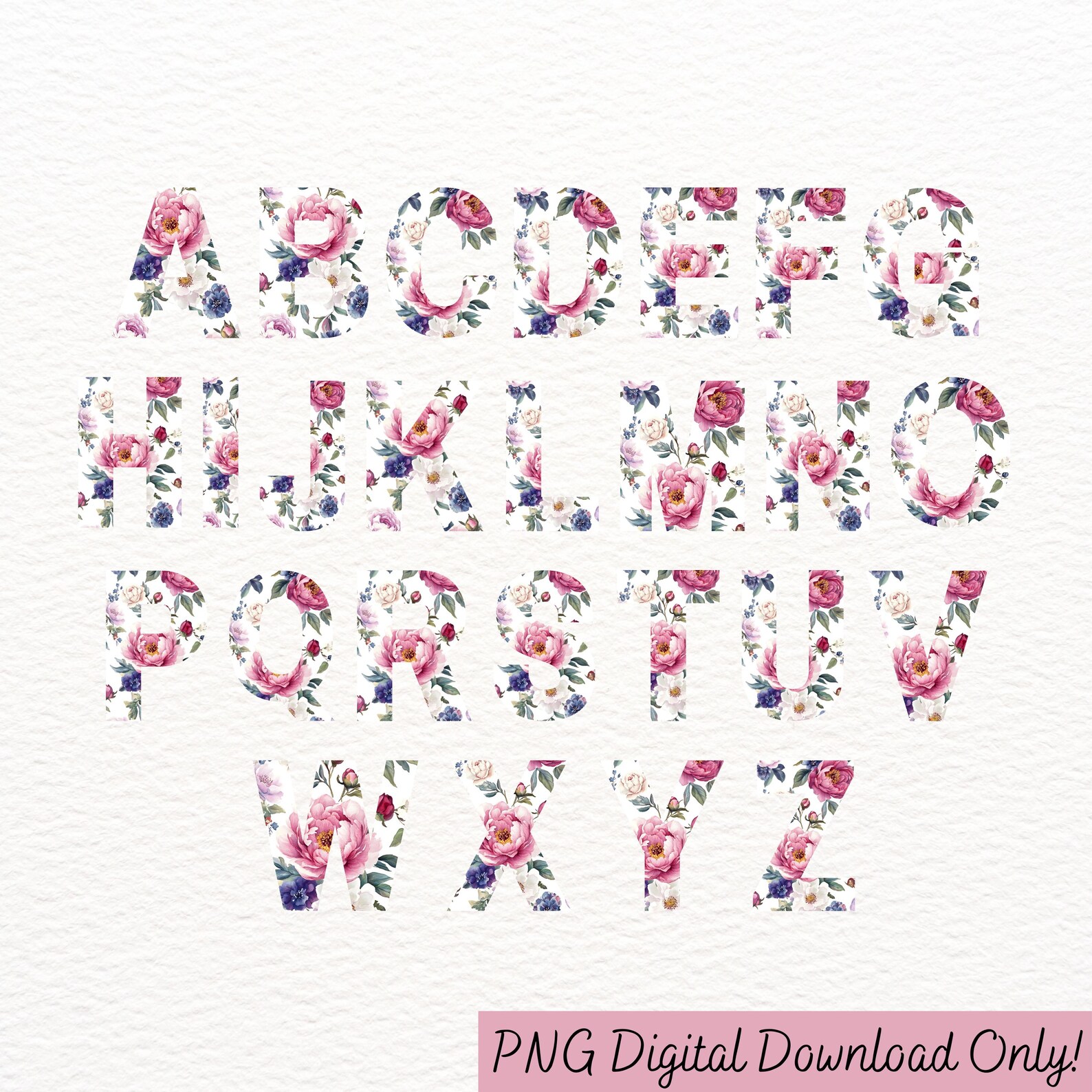 Watercolor Peonies & Wildflower Alphabet PNG | A-Z Letters | Digital ...