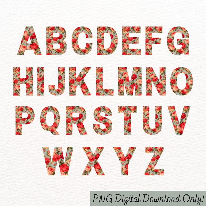 Vintage Rose Alphabet A–Z PNG Valentine Floral Letters Romantic ...