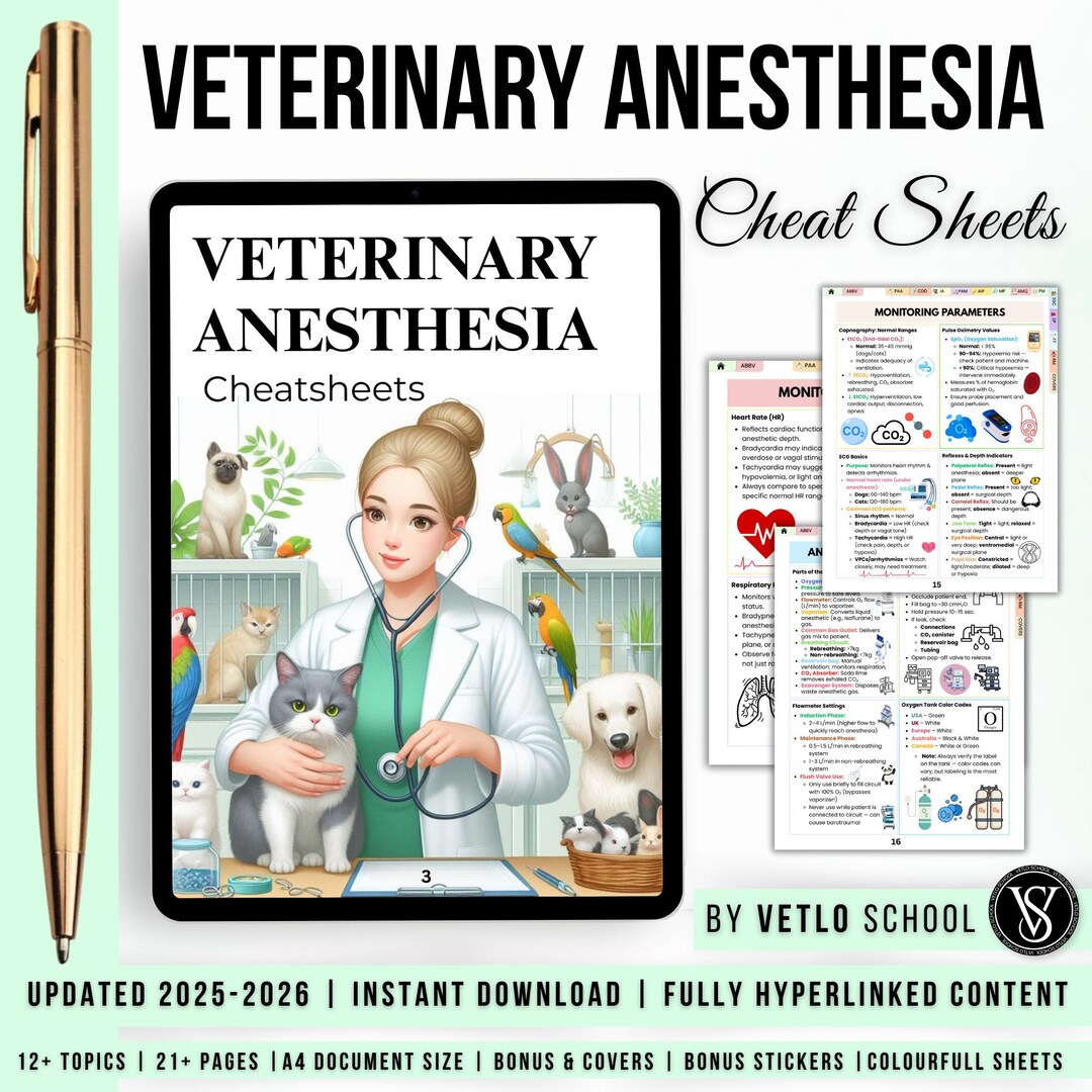 Veterinary Anesthesia Cheat Sheets, 21+ Pages, Bonus & Covers, Vet Pet ...