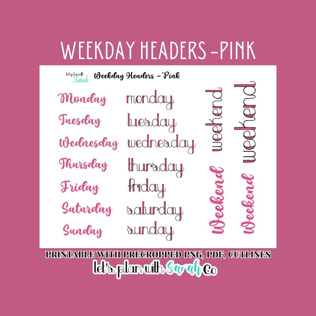 WEEKDAY HEADERS - PINK Printable Planner Stickers, Scrapbooking ...