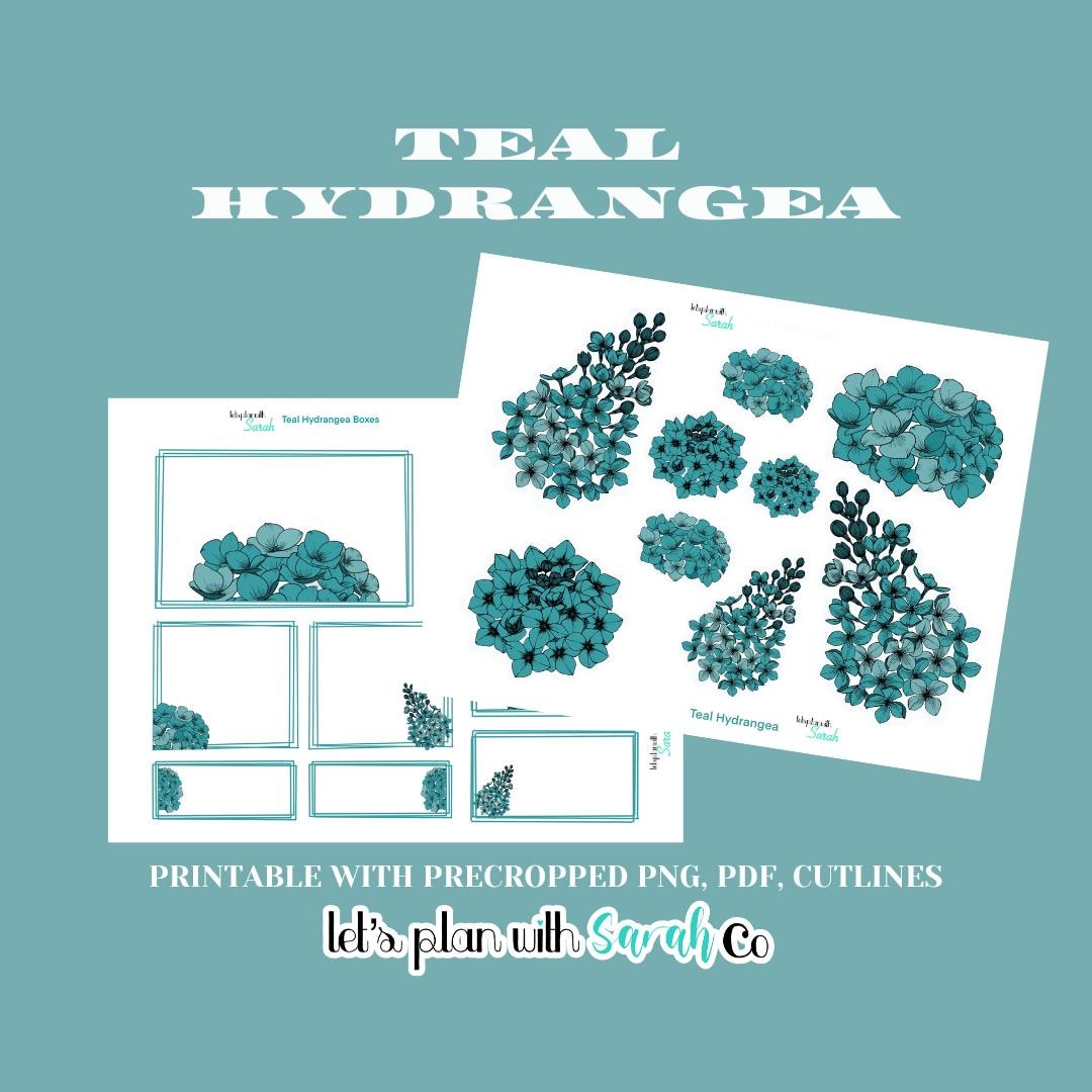 TEAL HYDRANGEA & BOXES Printable Planner Stickers Aqua Flower Stickers ...