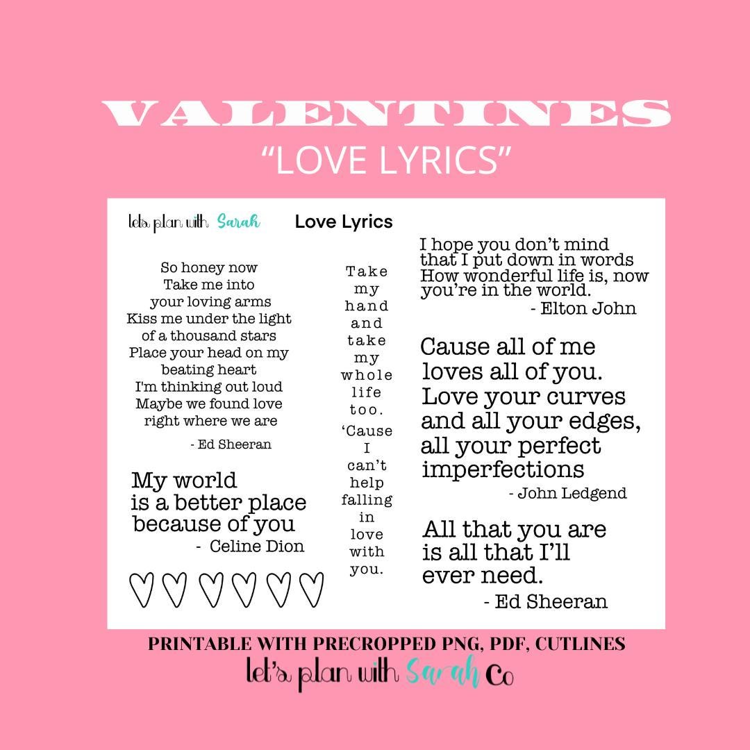 LOVE LYRICS Printable Stickers for Planner, Journal, Bujo, Scrapbooks ...