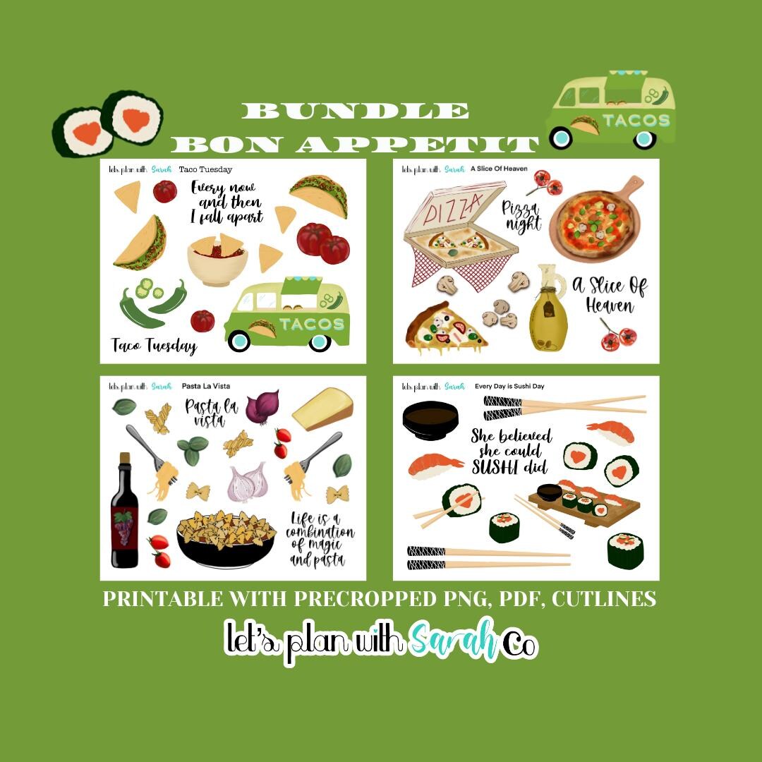 BON APPETIT BUNDLE Printable Fun Food Stickers, Taco, Sushi, Pasta ...