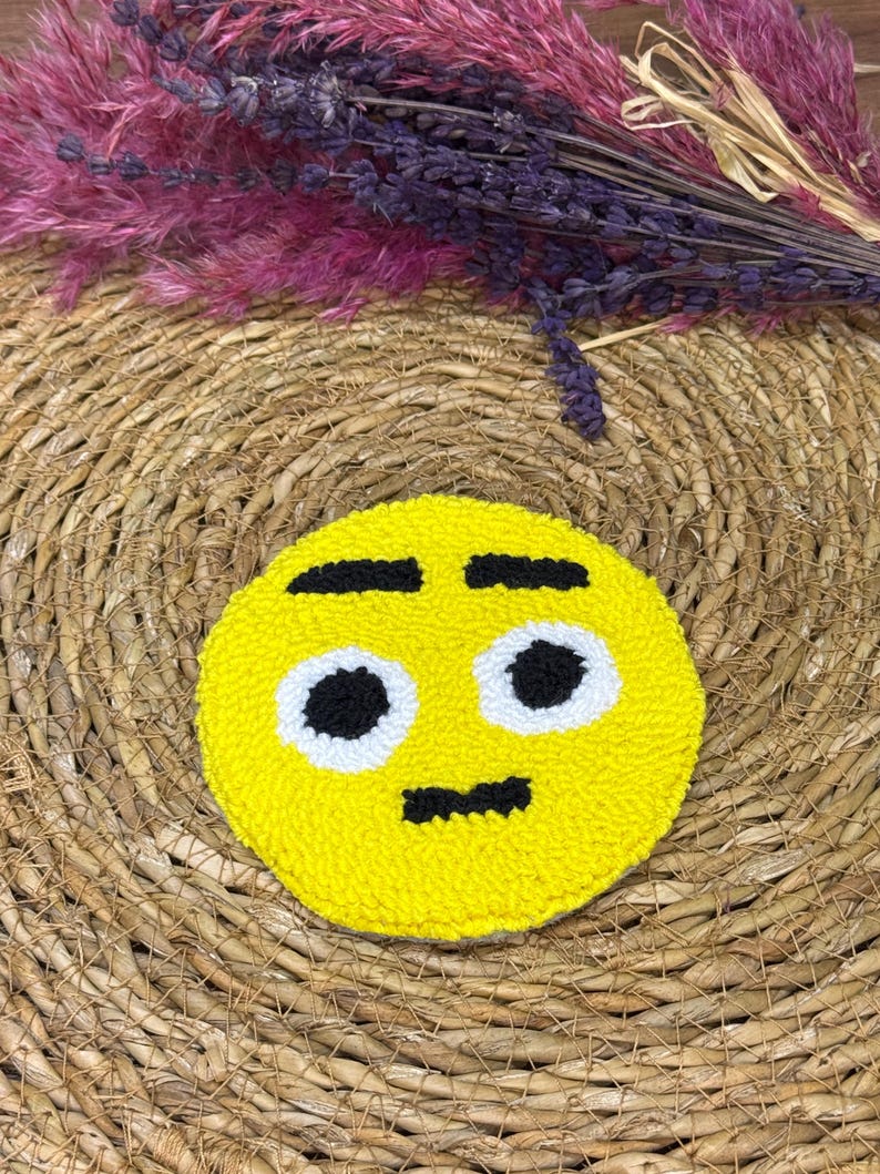 Emoji Coffee Coaster, Handmade Mug Rug, Punch Needle, Funny Emoji ...