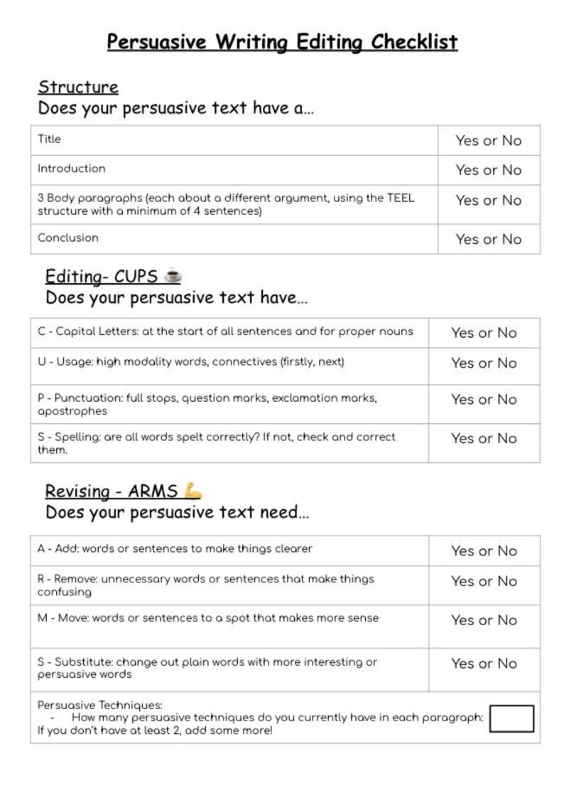 CUPS and ARMS Persuasive Writing Editing Checklist - Etsy