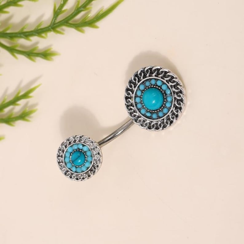 14G Blue Turquoise Belly Button Ring,retro Navel Ring,bar Length 10mm ...