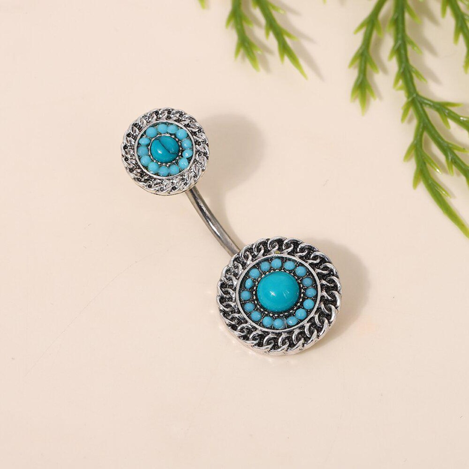14G Blue Turquoise Belly Button Ring,retro Navel Ring,bar Length 10mm ...