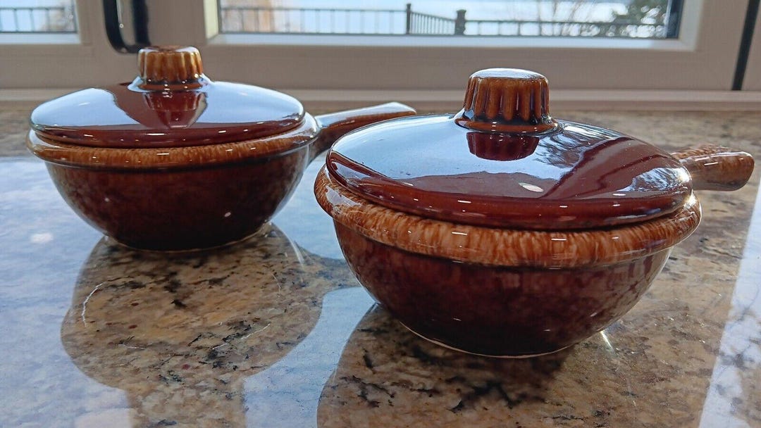 70s/80s 2 Hull Pottery Brown Drip Glaze Individual Casserole Soup Chili ...