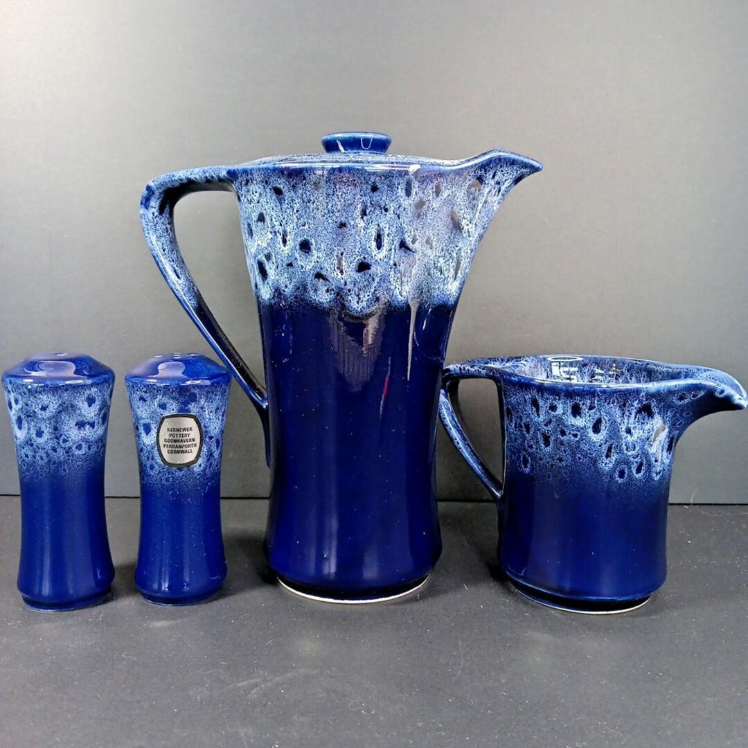 Set of 4 Rare Blue Kernewek Coffee Pot Creamer Salt Pepper Pottery Set ...