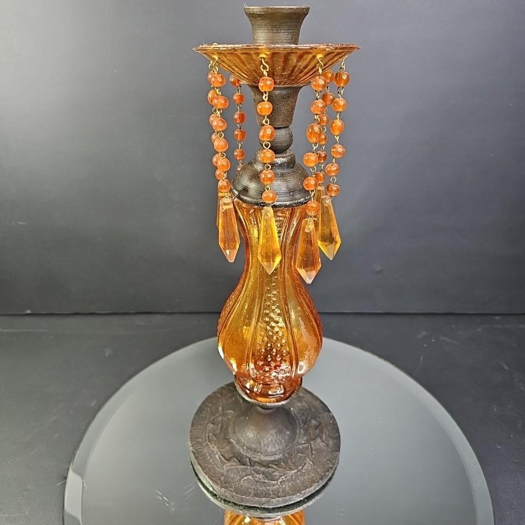 Vintage Amber Glass Candlestick Holder With Plastic Beads - Etsy