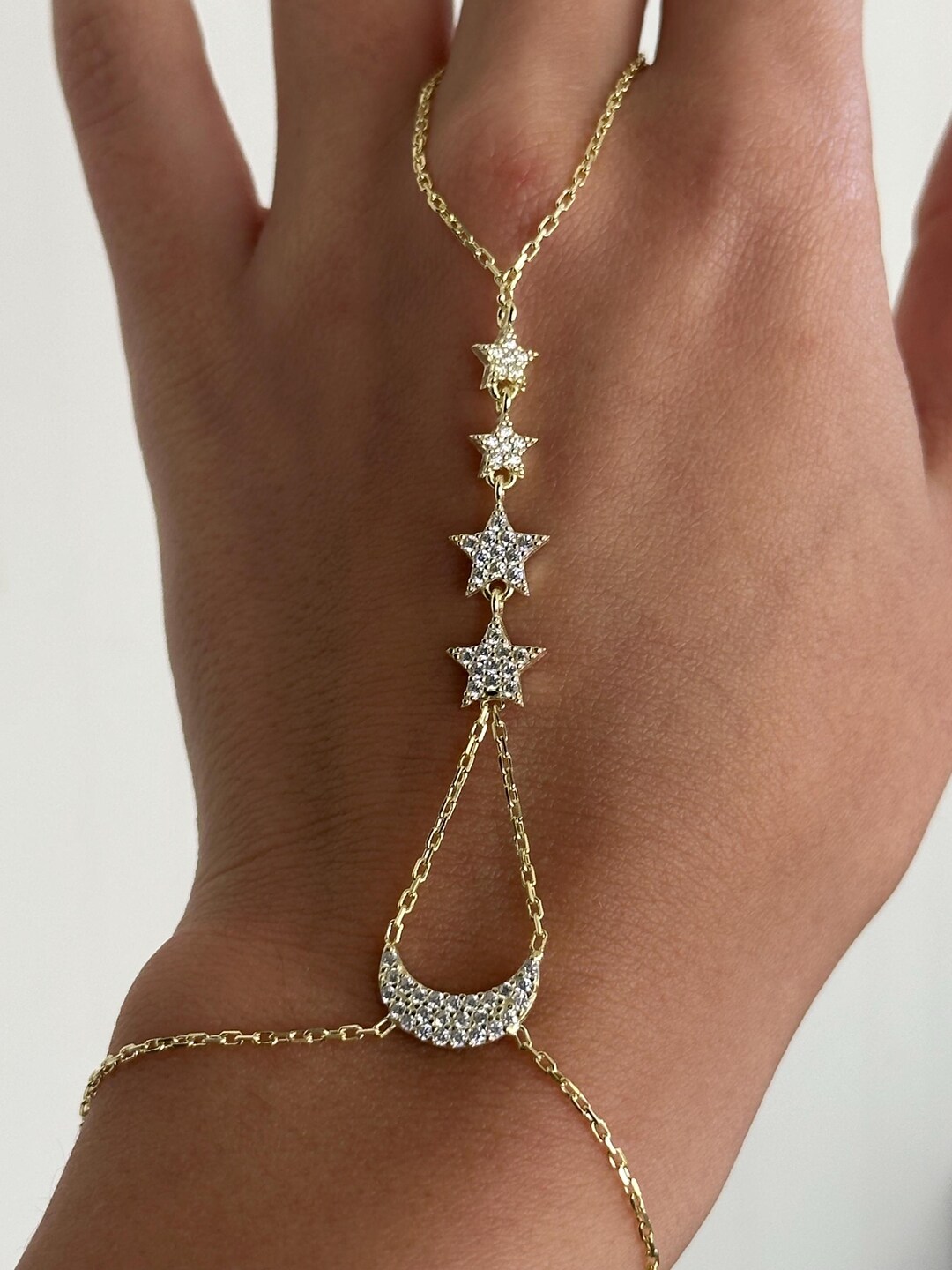 Moon and Star Hand Chain Bracelet – Dainty Celestial Slave Bracelet ...