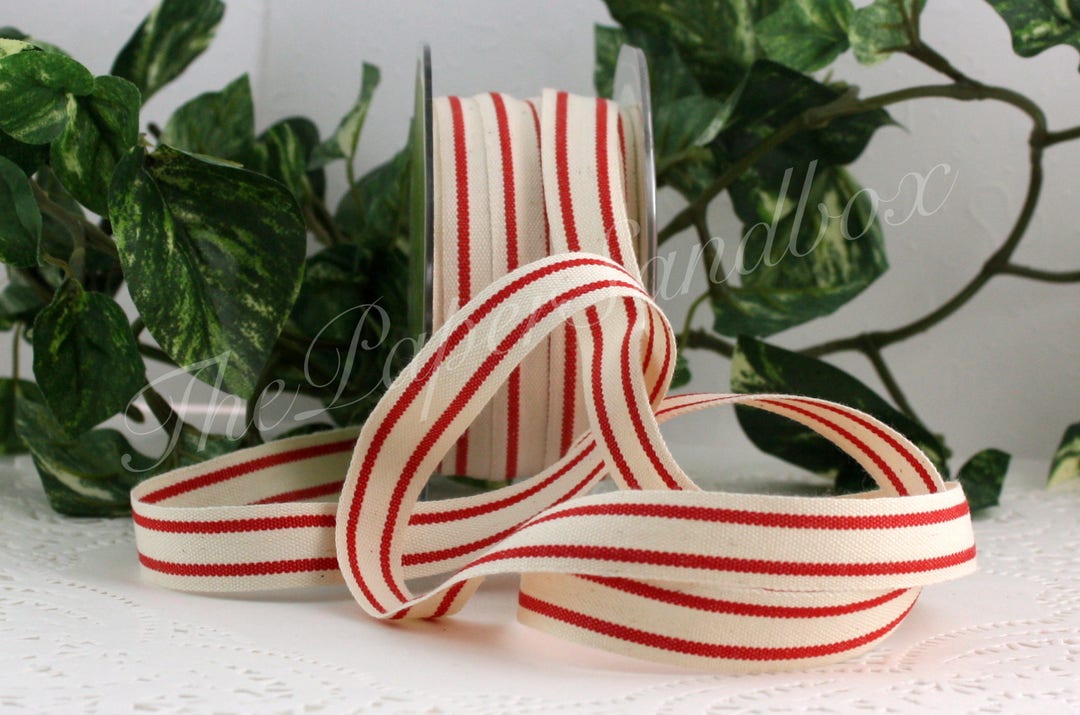 Red/ivory Striped Twill Ribbon 5/8" Wide by the Yard Cotton Ribbon - Etsy