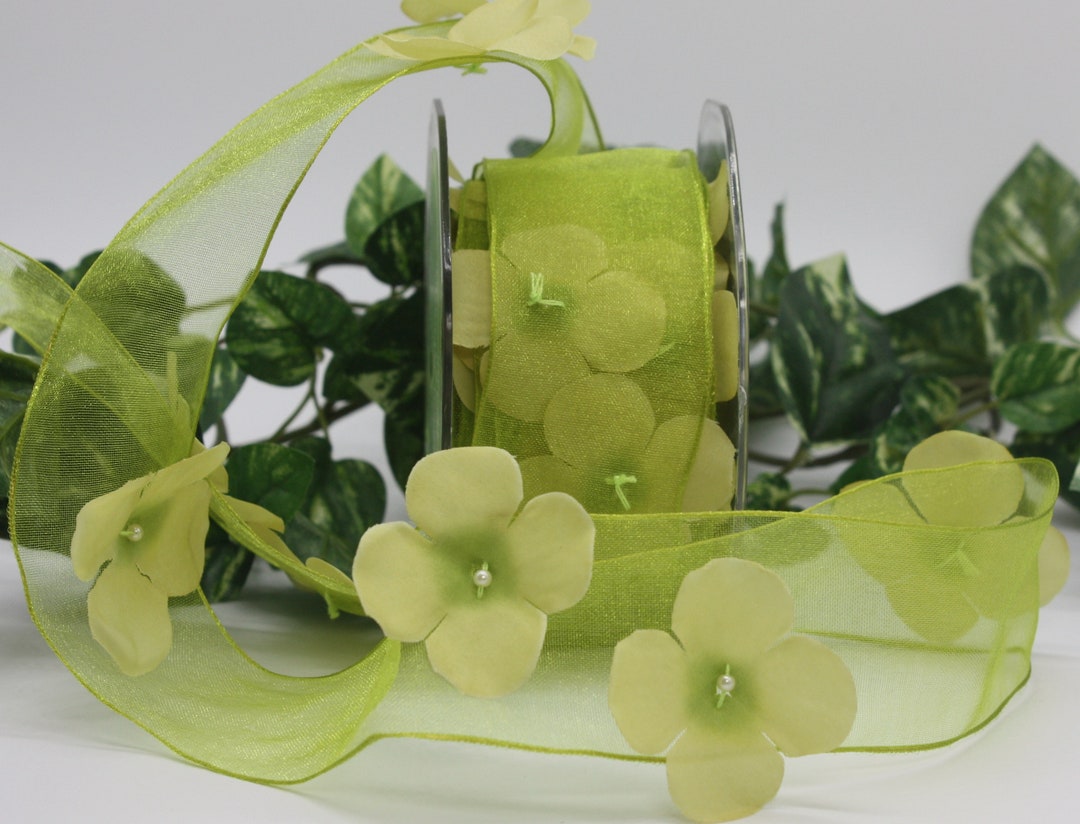 Wired Sheer Green Floral Ribbon 1.5” Wide BY THE YARD - Etsy