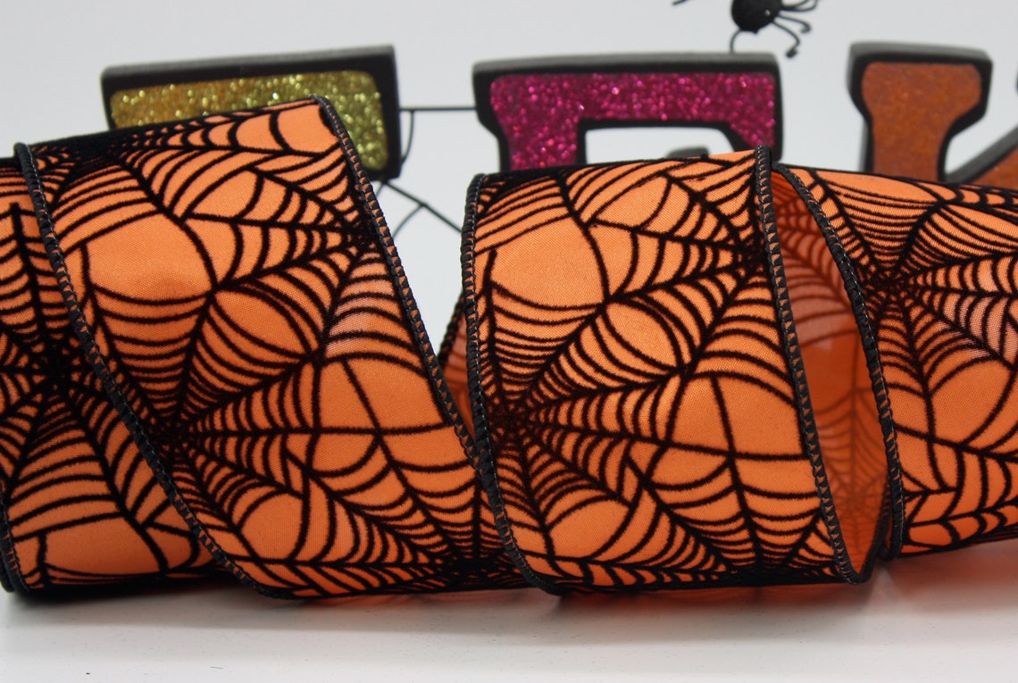 Wired Halloween Ribbon Black/orange Flocked Spider Web Ribbon - Etsy