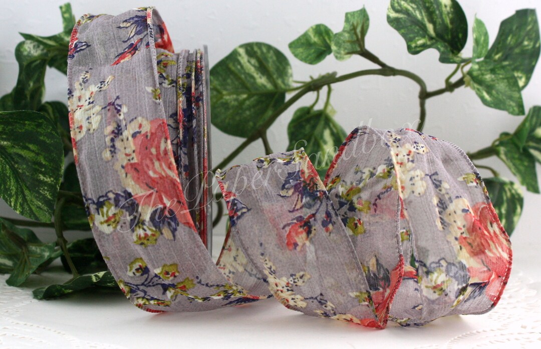 Wired Gray Rose Pattern Ribbon 1.5” Wide BY THE YARD, Floral Ribbon - Etsy