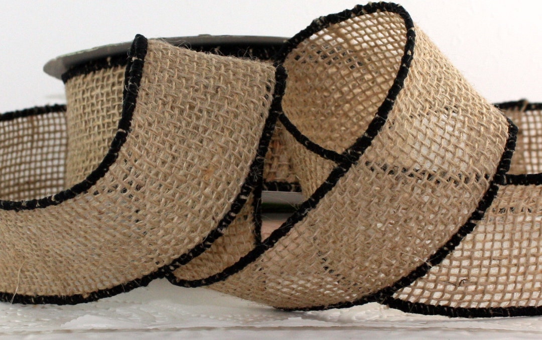 Wired Black Border Burlap Ribbon 2” Wide BY THE YARD - Etsy