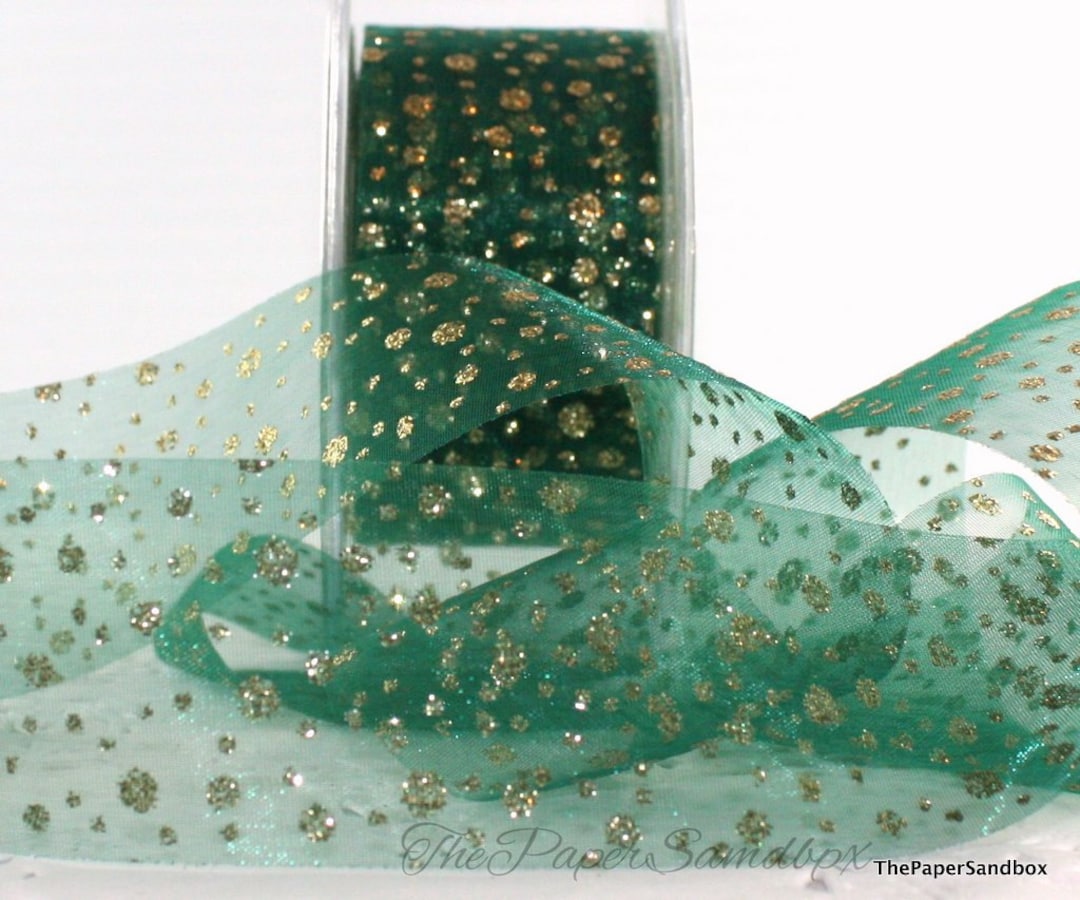 Sheer Green Glitter Ribbon 1.5” Wide BY THE YARD, Green & Gold Ribbon ...