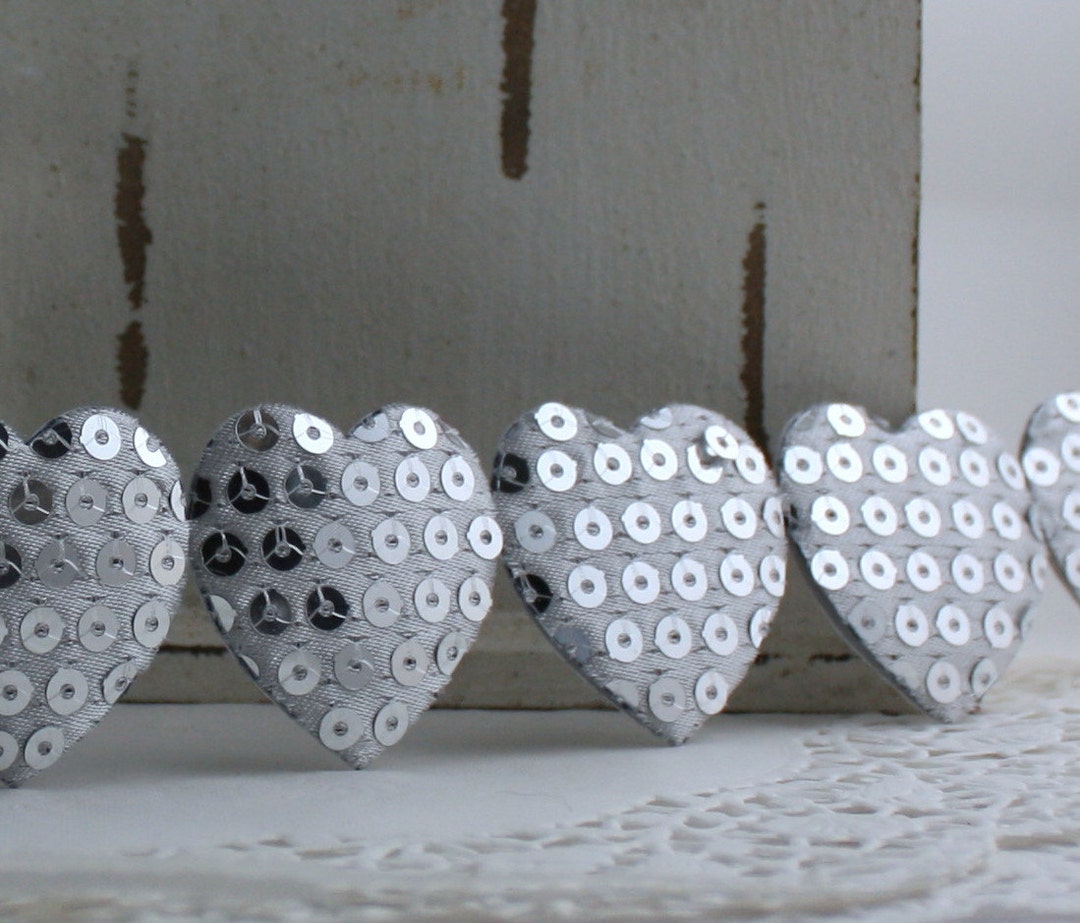Silver Sequin Stick on Heart Ribbon Trim 1.5” Wide BY THE YARD ...