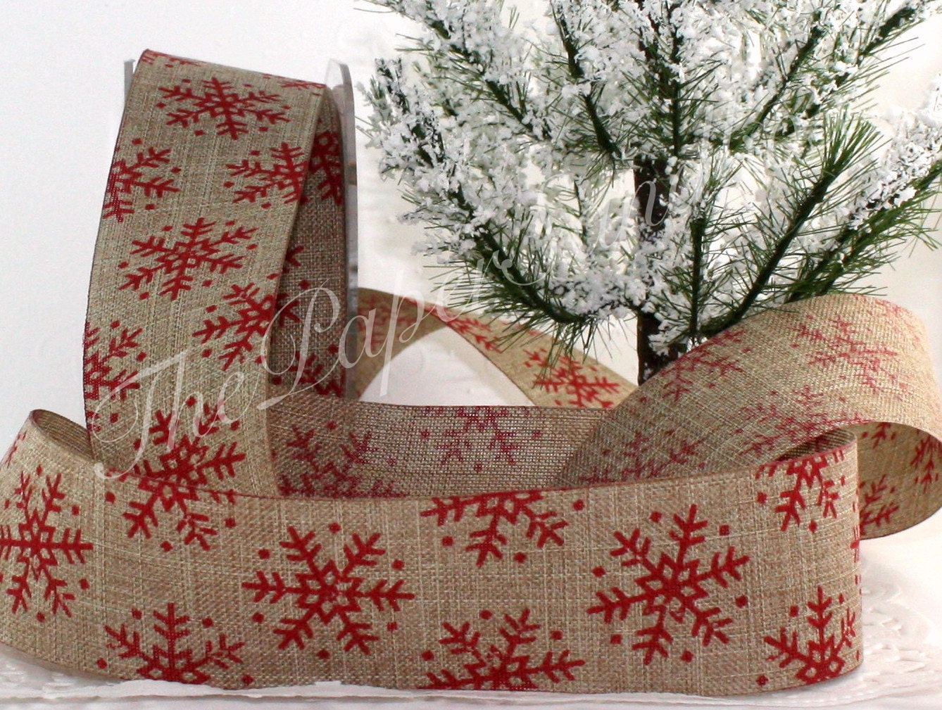 Snowflake Ribbon 1.5 wide BY THE YARD Kraft/Red Snowflake | Etsy