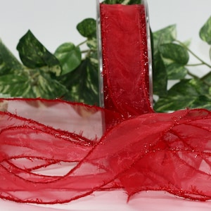 Red Tinsel Edge Organza Ribbon 1" Wide BY THE YARD, Sparkle Ribbon - Etsy
