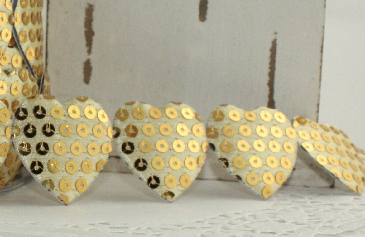 Gold Sequin Heart Stick on Ribbon Trim 1.5” Wide BY THE YARD, Adhesive ...