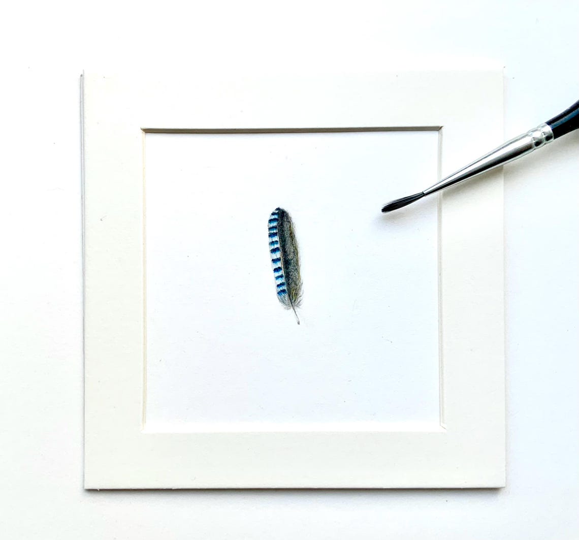 Feather of a Jay Drawing - Original 2x2 Cm Tiny Bird Art Drawing ...