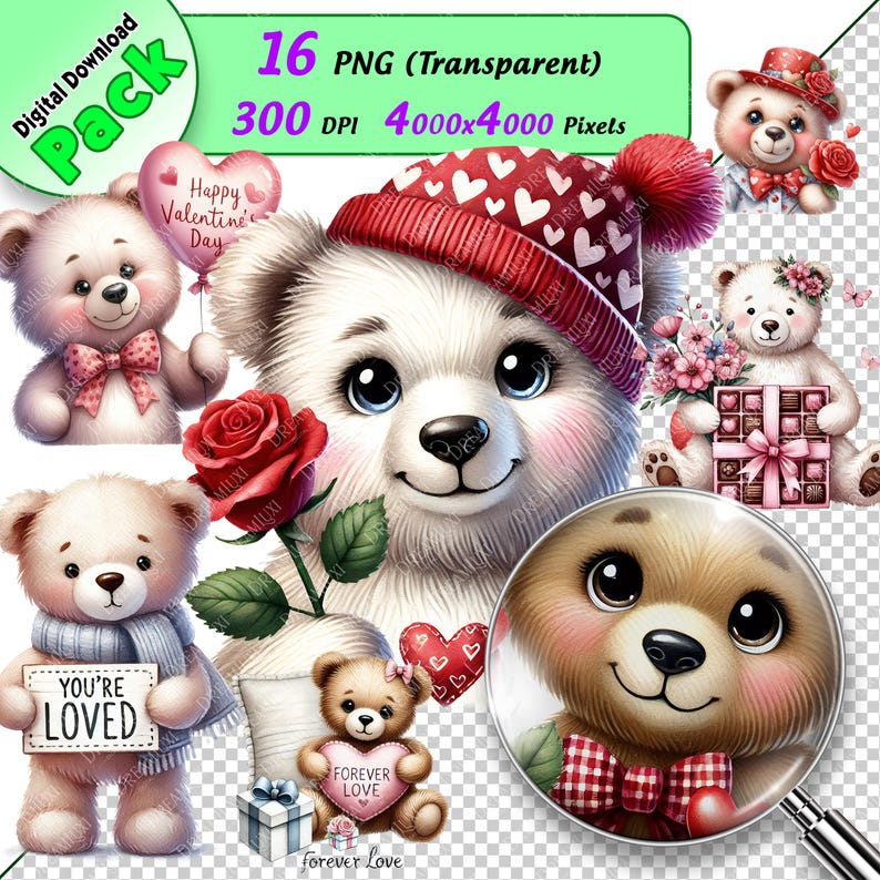 16 PNG Transparent Watercolor. Valentine's Day Clipart Pack, Cute Bear ...