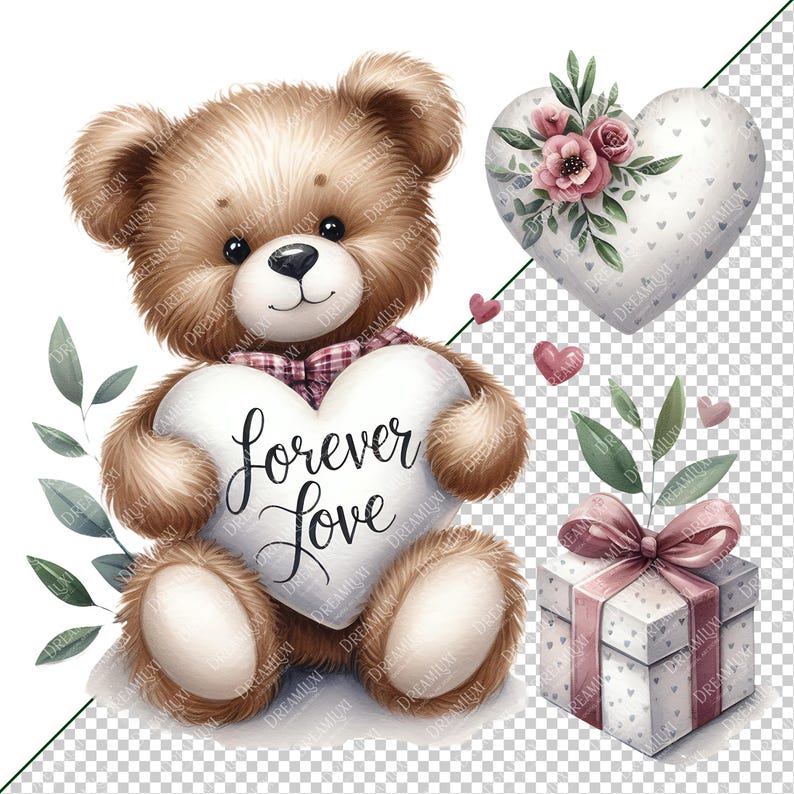 16 PNG Transparent Watercolor. Valentine's Day Clipart Pack, Cute Bear ...