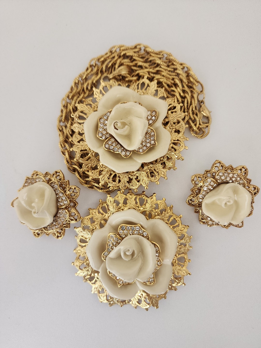 Rare Signed CRAFT Huge Dimensional Gold Tone White Enamel, Crystals ...