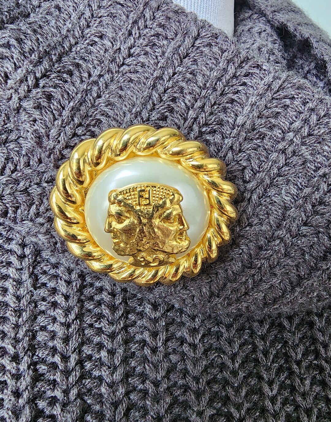 Vintage Signed FENDI Gold Tone and Faux Pearl Double Faced Janus ...