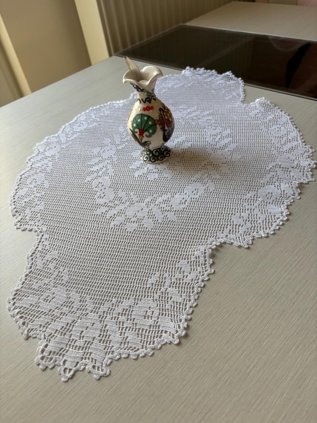 Vintage Floral Lace Table Runner: Handmade Crochet Doily, Elegant White ...