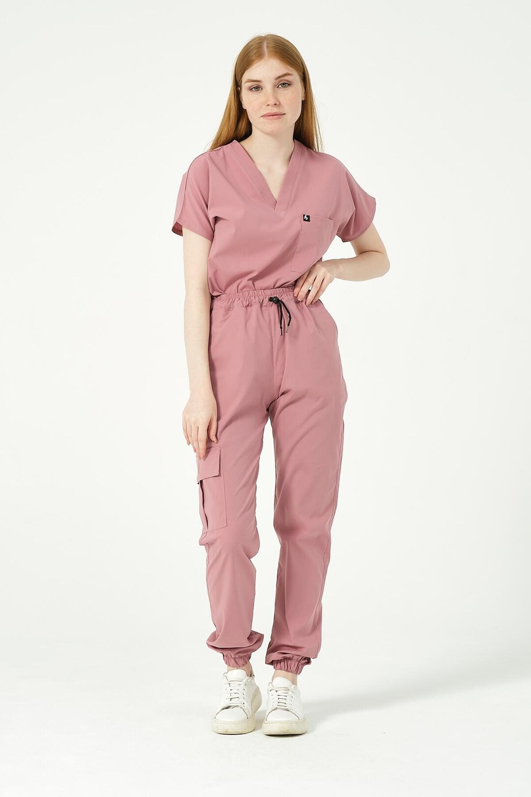 Dusty Rose Cargo Pocket Jogger Scrub Set for Women, Flexible Medical ...