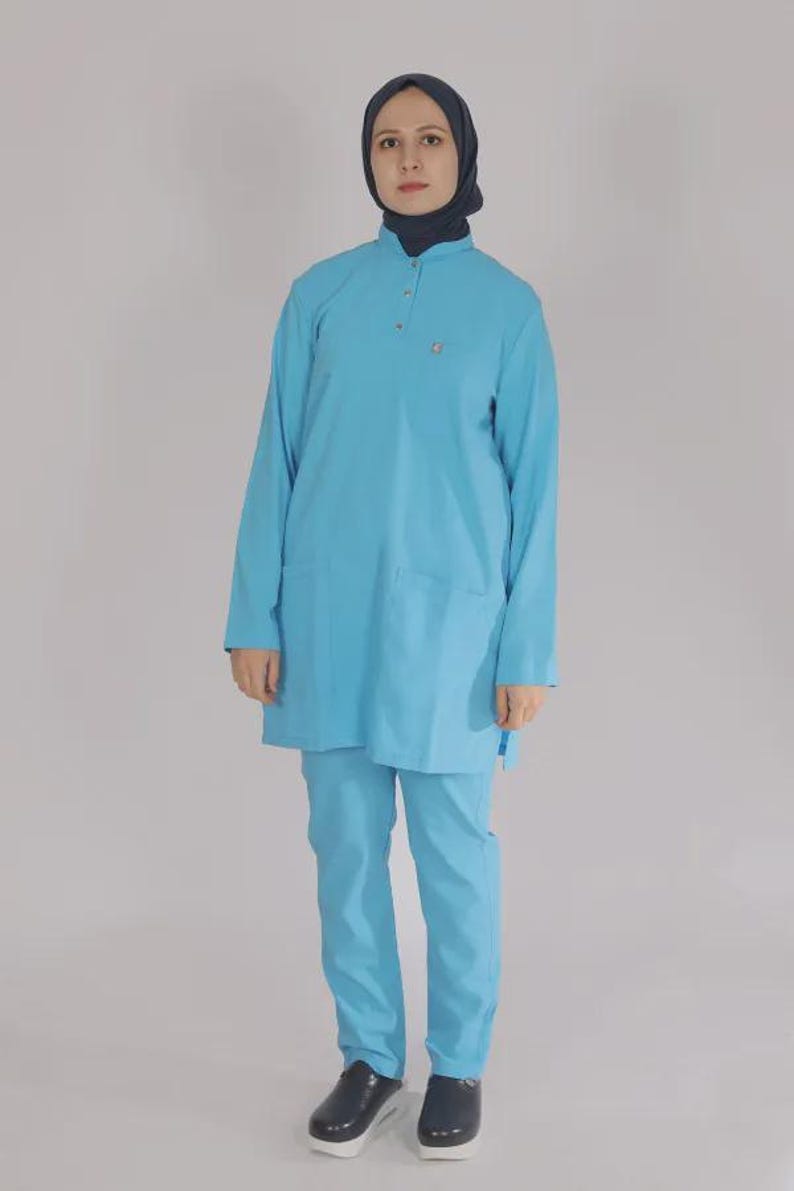 Baby Blue Muslim Scrubs Set – 4 Way Stretch Hijab Nurse, Dentist ...