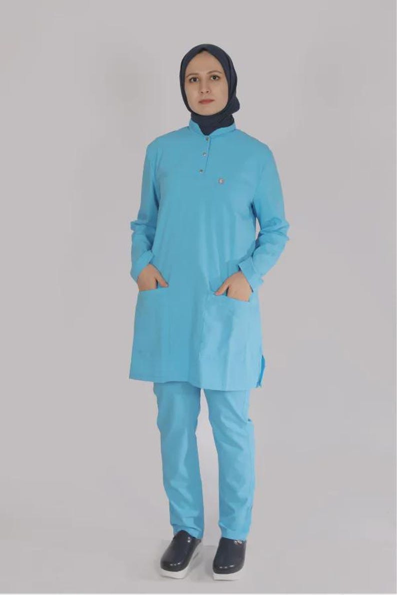Baby Blue Muslim Scrubs Set – 4 Way Stretch Hijab Nurse, Dentist ...