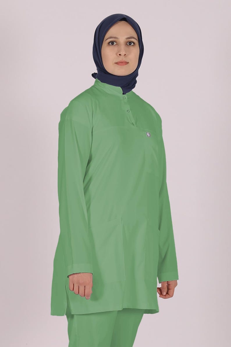 Sage Green Muslim Scrubs Set – 4 Way Stretch Hijab Nurse, Dentist ...