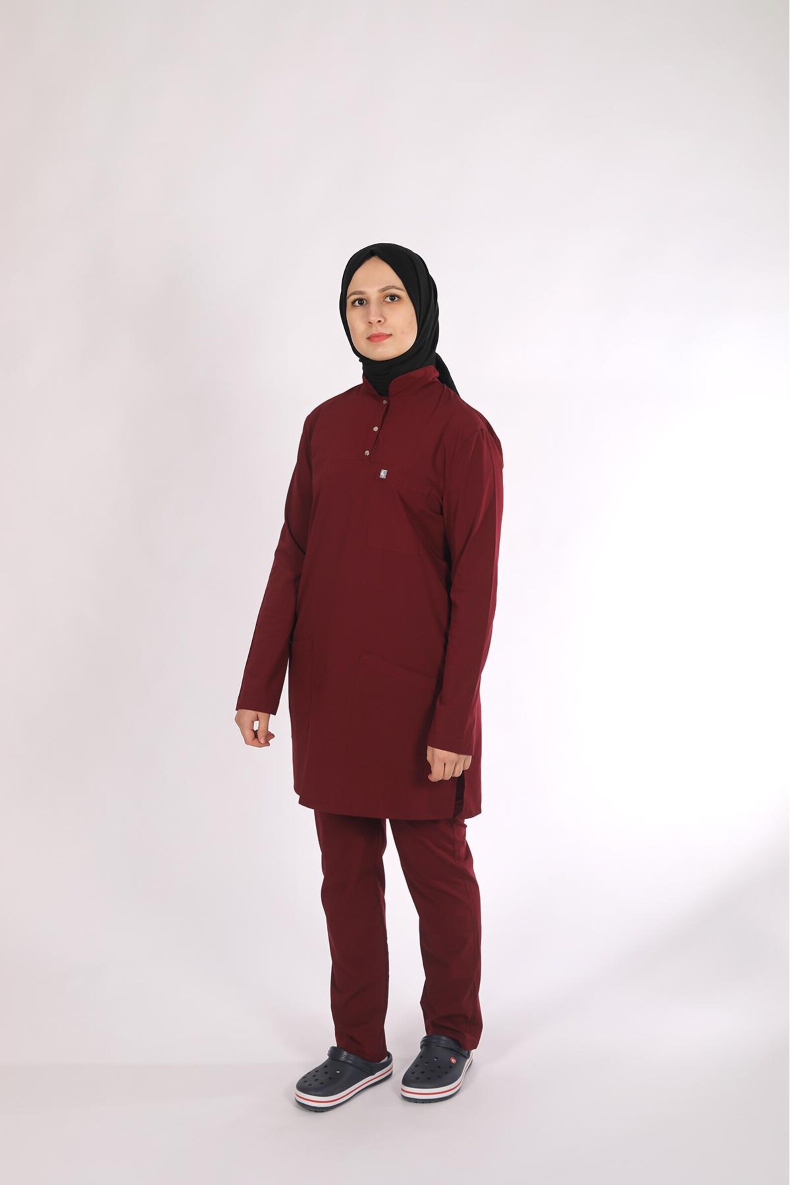 Burgundy Muslim Scrubs Set – 4 Way Stretch Hijab Nurse, Dentist ...