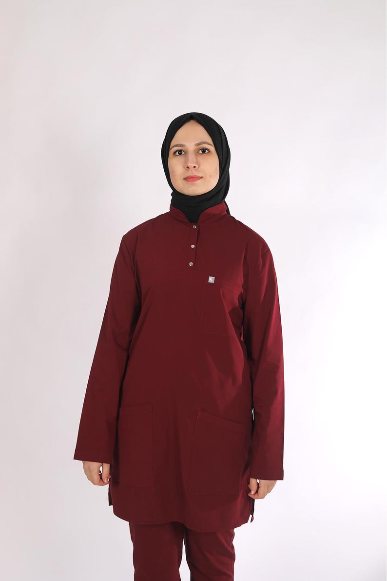 Burgundy Muslim Scrubs Set – 4 Way Stretch Hijab Nurse, Dentist ...