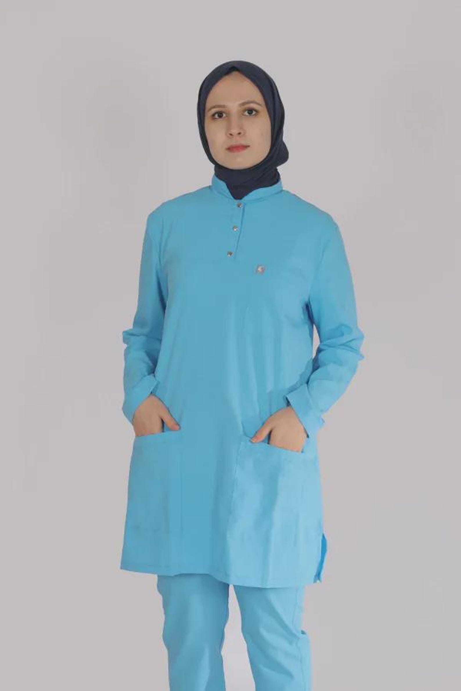 Baby Blue Muslim Scrubs Set – 4 Way Stretch Hijab Nurse, Dentist ...