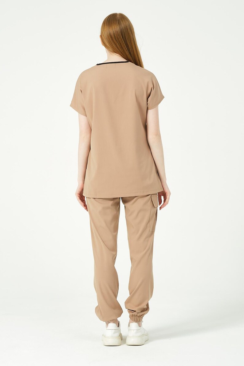 Beige Cargo Pocket Jogger Scrub Set for Women, Flexible Medical Uniform ...