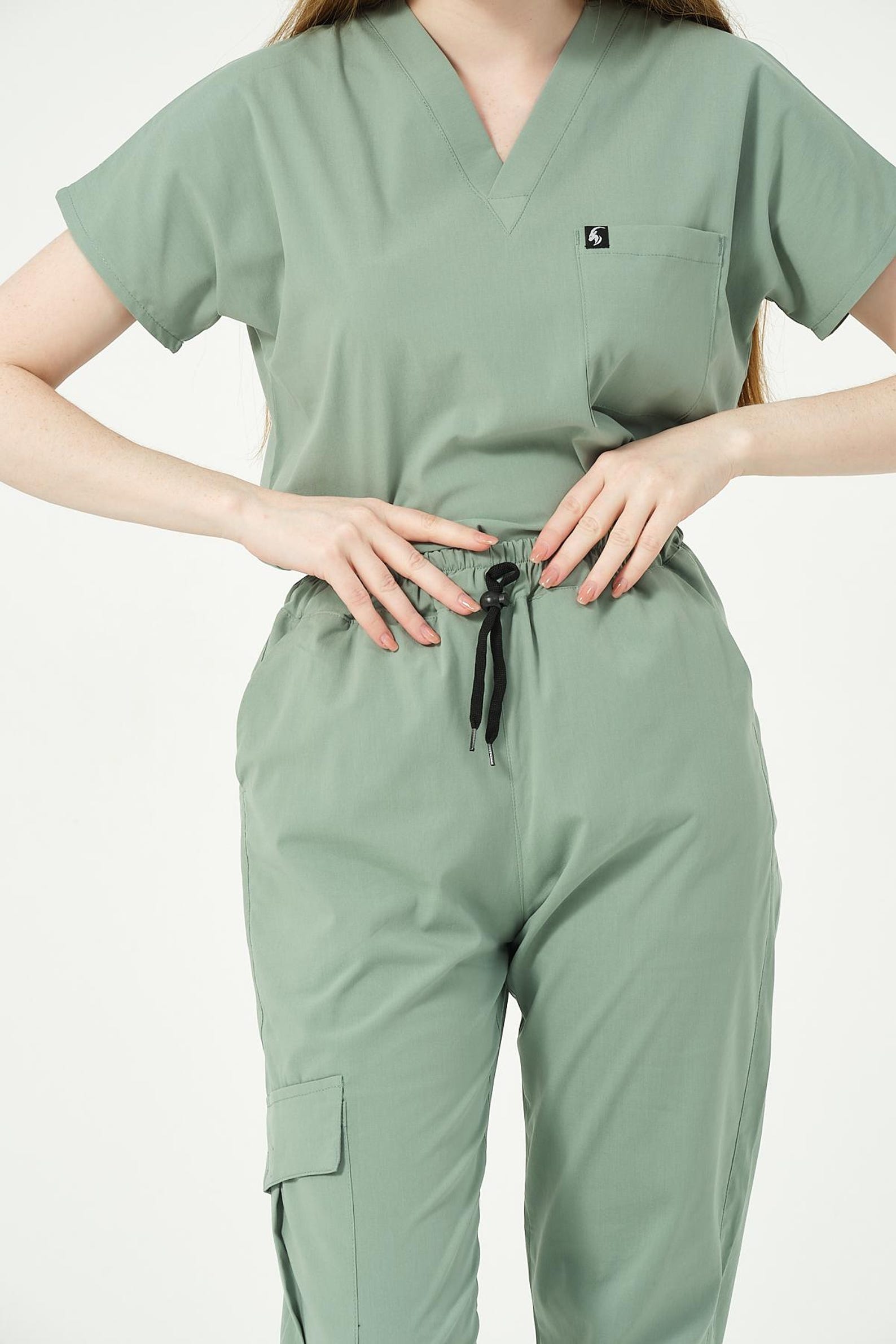 Sage Green Cargo Pocket Jogger Scrub Set for Women, Flexible Medical ...