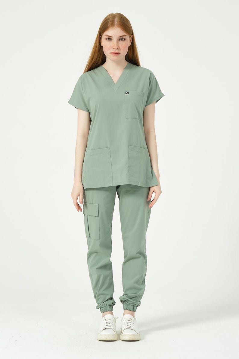 Sage Green Cargo Pocket Jogger Scrub Set for Women, Flexible Medical ...