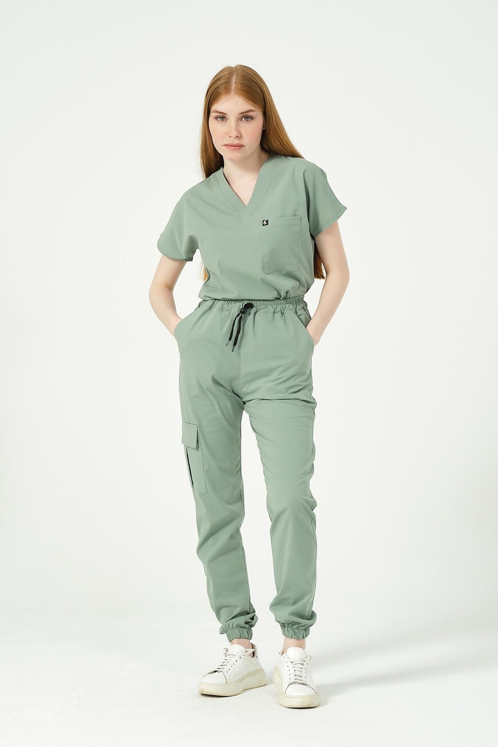 Sage Green Cargo Pocket Jogger Scrub Set for Women, Flexible Medical ...