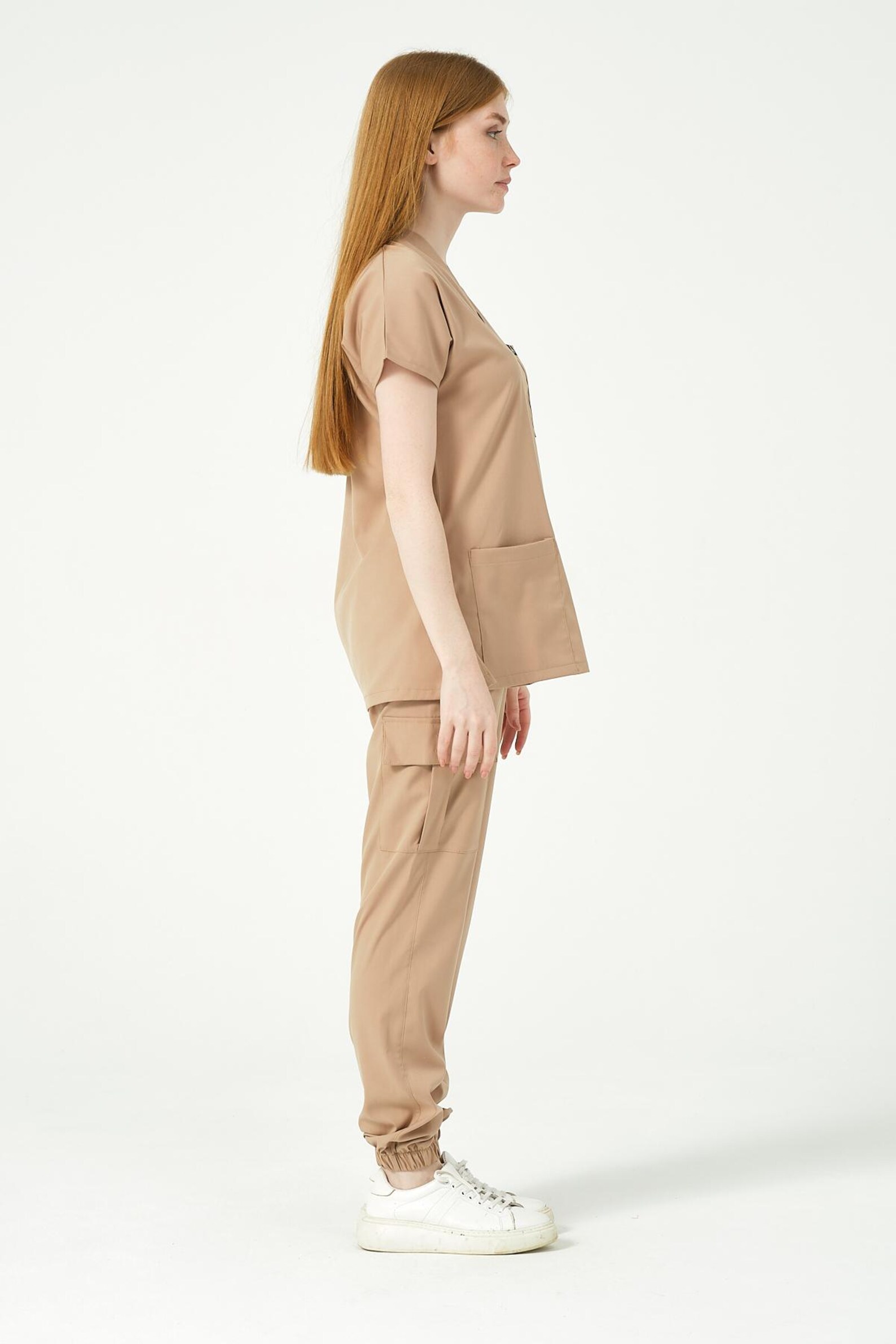 Beige Cargo Pocket Jogger Scrub Set for Women, Flexible Medical Uniform ...