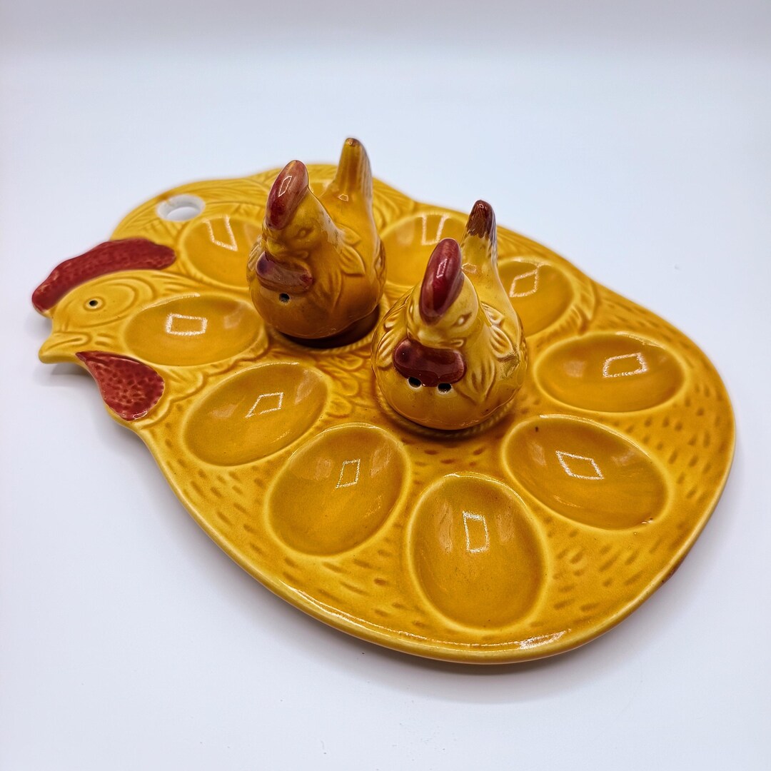 Hand-painted Ceramic Set: Chicken-shaped Egg Plate With Salt and Pepper ...