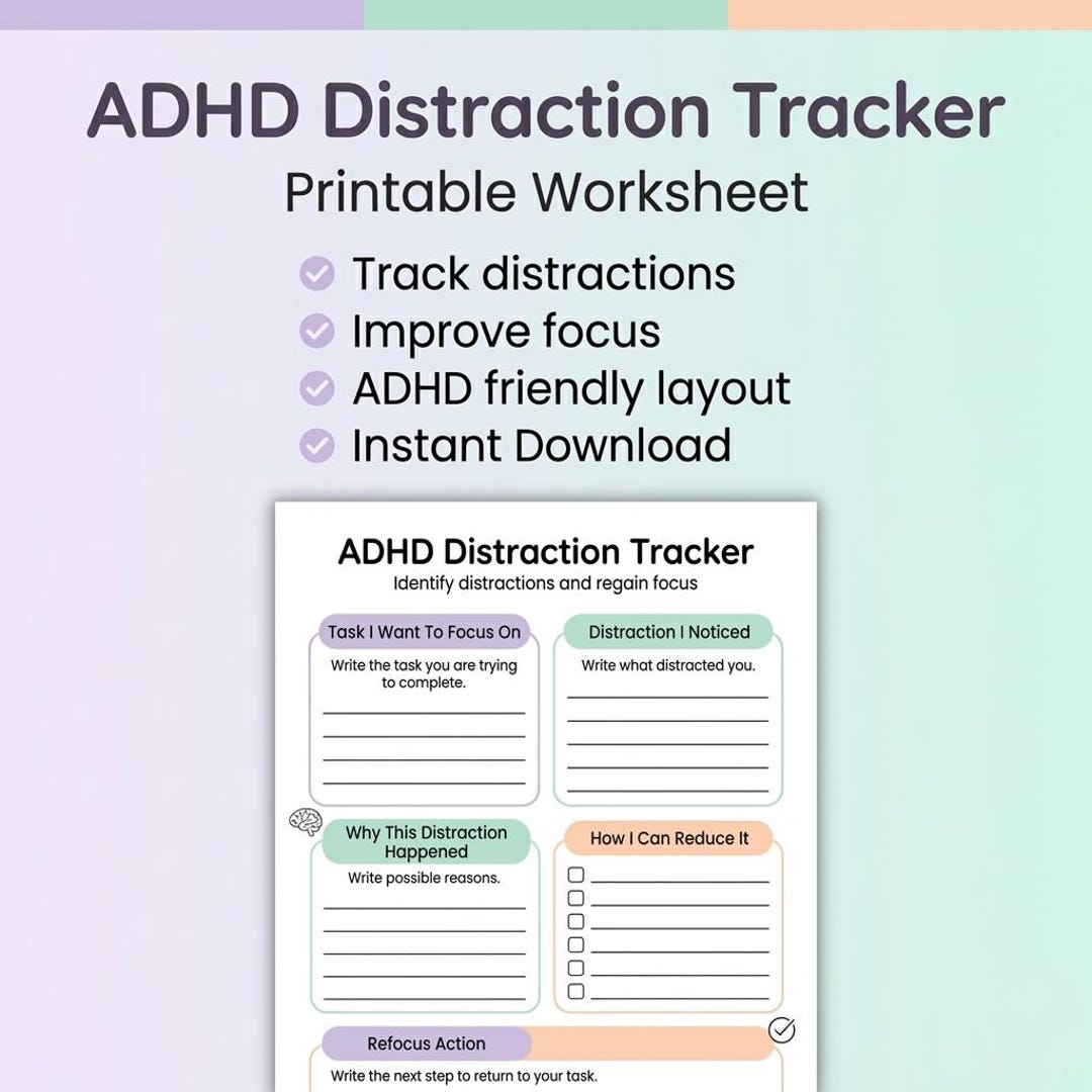 ADHD Distraction Tracker Printable, Focus Improvement Worksheet, ADHD ...