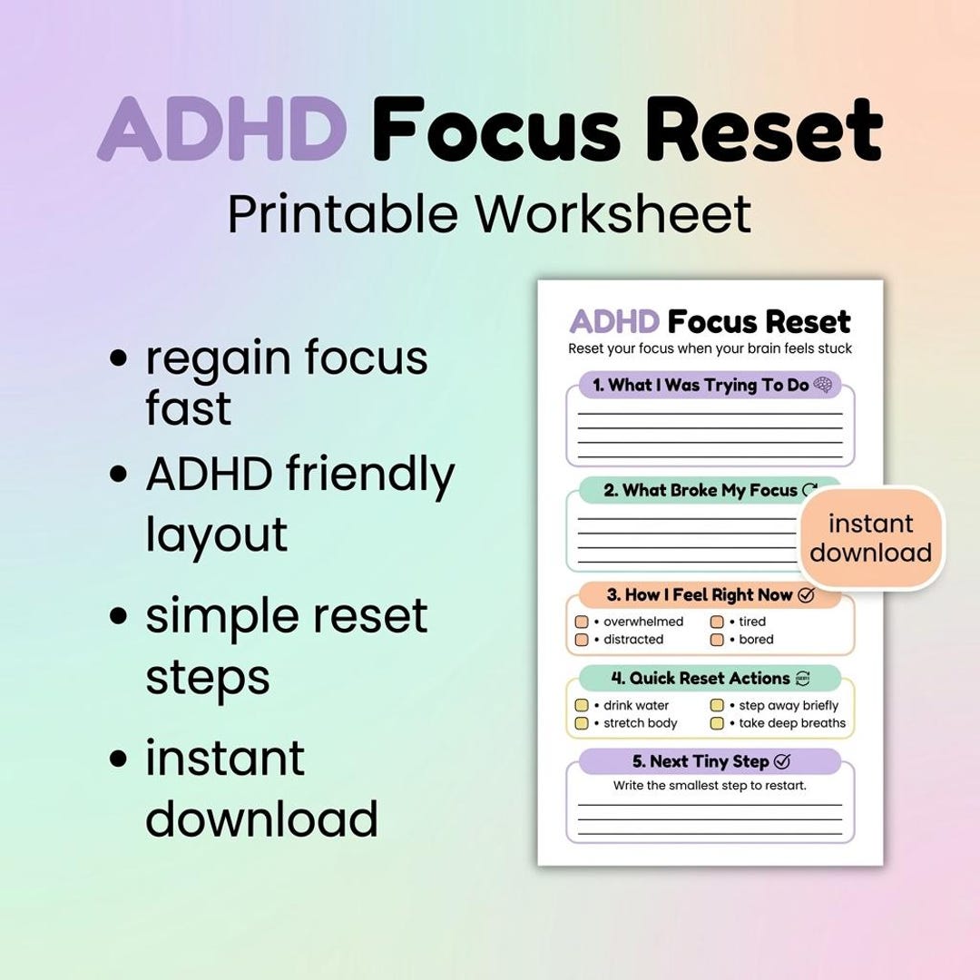 ADHD Focus Reset Worksheet Printable, Regain Focus Planner, ADHD ...