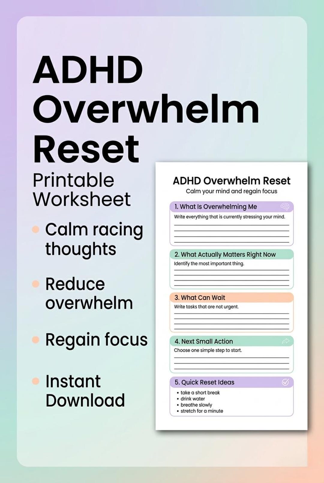 ADHD Overwhelm Reset Worksheet Printable, Mental Clarity Planner, ADHD ...